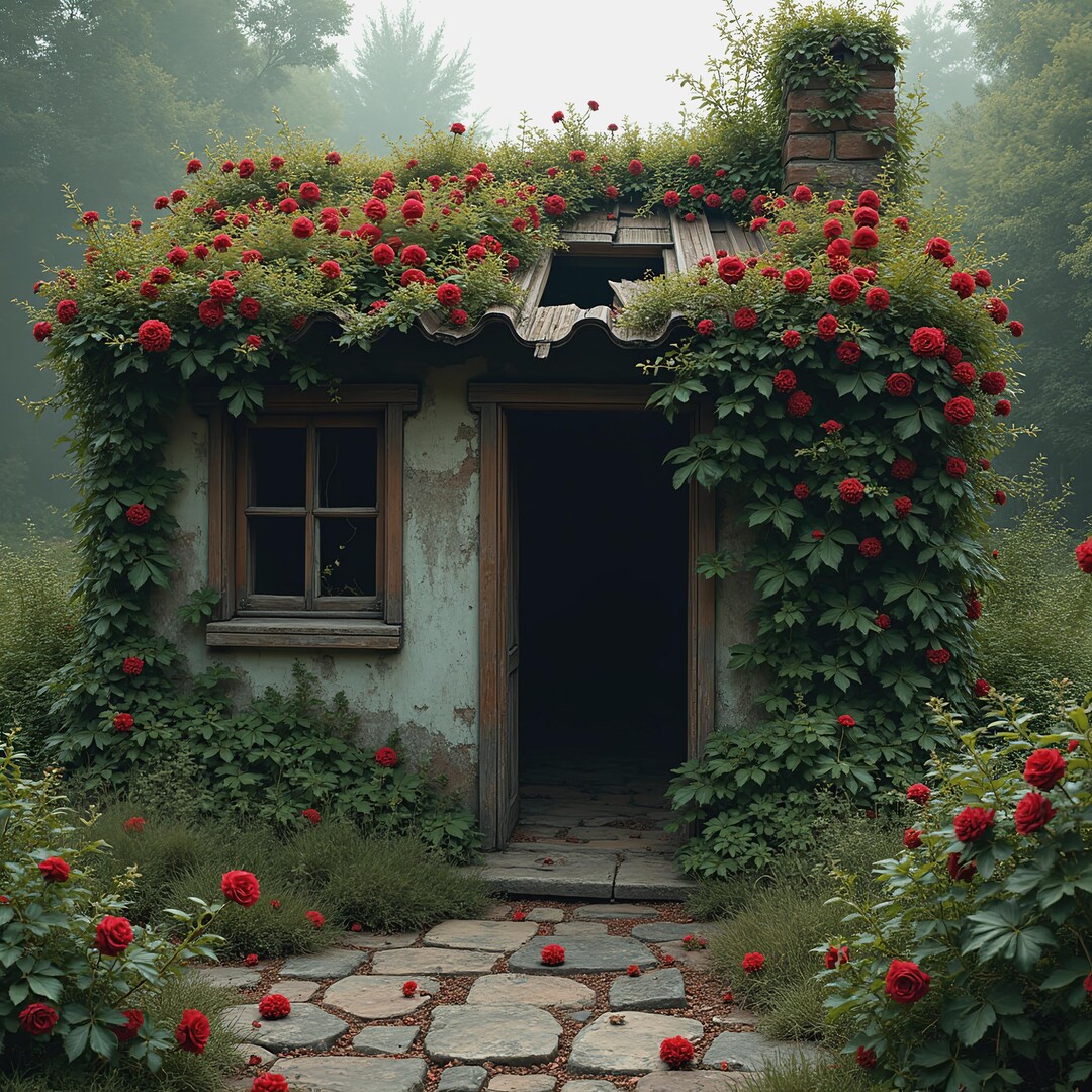 Enchanted Cottage Print: Rustic Red Rose Cottagecore Wall Art (digital ...