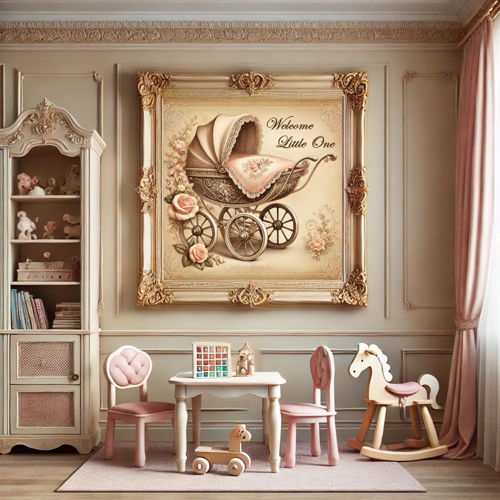 Vintage Baby Pram Print: Pink Antique Carriage Nursery Decor (digital ...