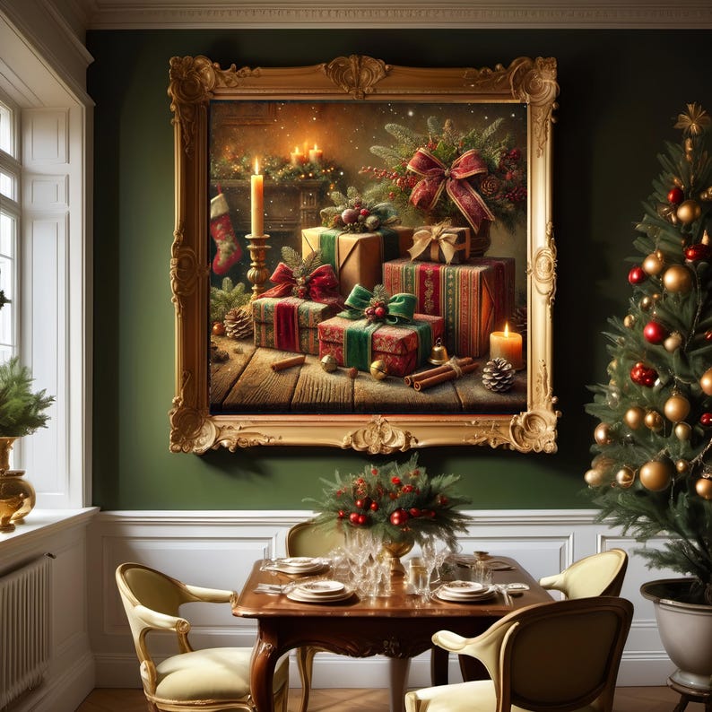 Vintage Christmas Still Life Print: Antique Gifts, Cozy Candlelight ...