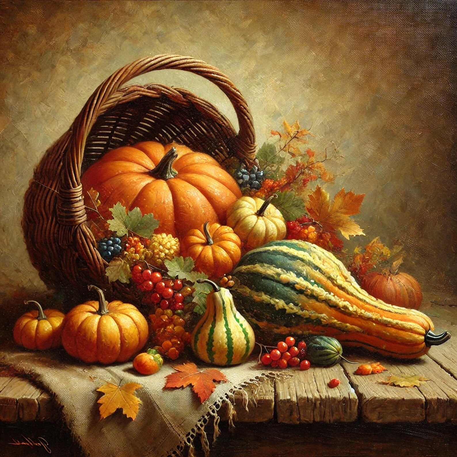 Autumn Cornucopia Still Life Print: Harvest Pumpkins & Gourds (digital ...