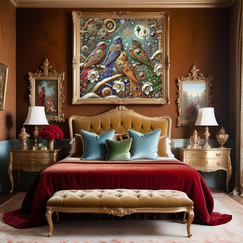 Winter Four Calling Birds Art Print Gilded Christmas Wall Decor Jeweled ...