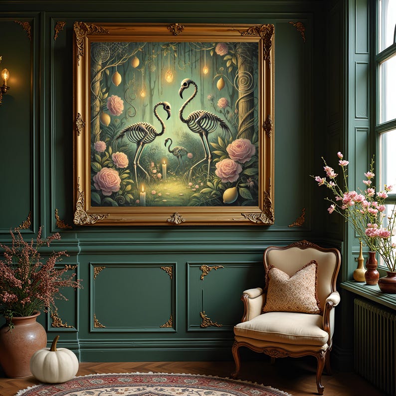 Skeleton Flamingo Garden Art Print: Gothic Summerween Halloween Decor ...