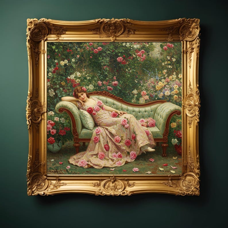 Victorian Lady in Rose Garden: Romantic Floral Painting (digital ...