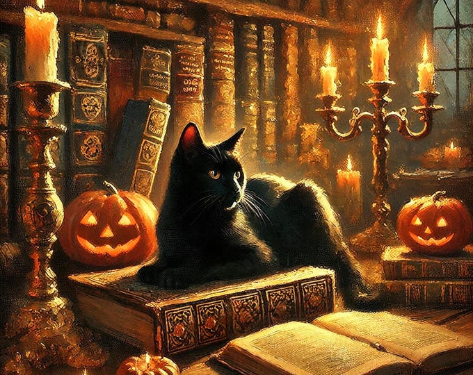 Black Cat Halloween Print: Spooky Library Scene, Witchy Decor (digital ...