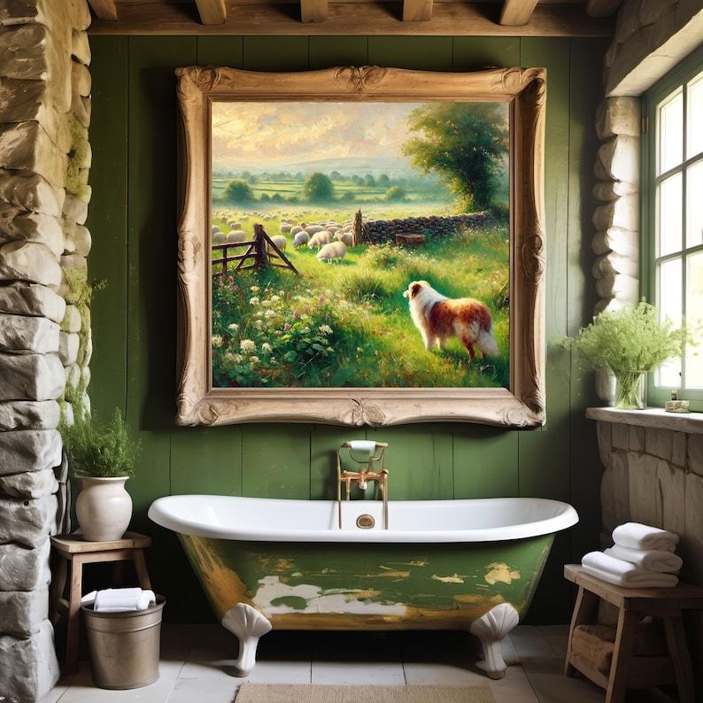 Vintage Farm Landscape Digital Print, Sheep and Sheepdog Pastoral Art ...