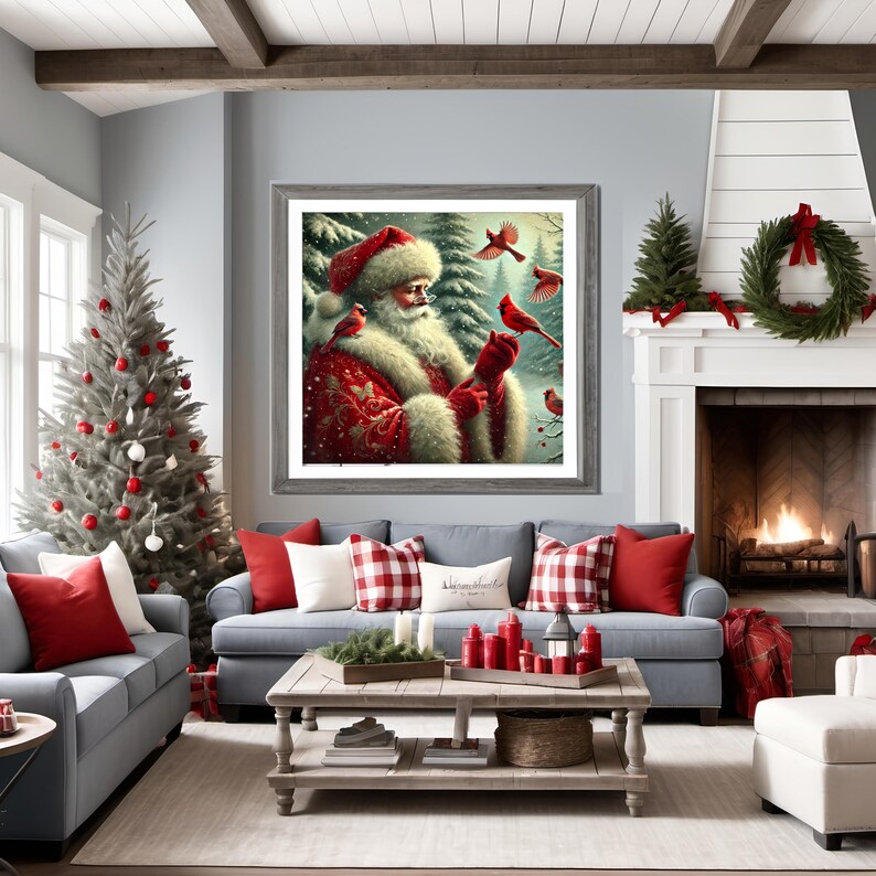 Santa Cardinal Holiday Vintage Christmas Wall Art, Festive Digital ...