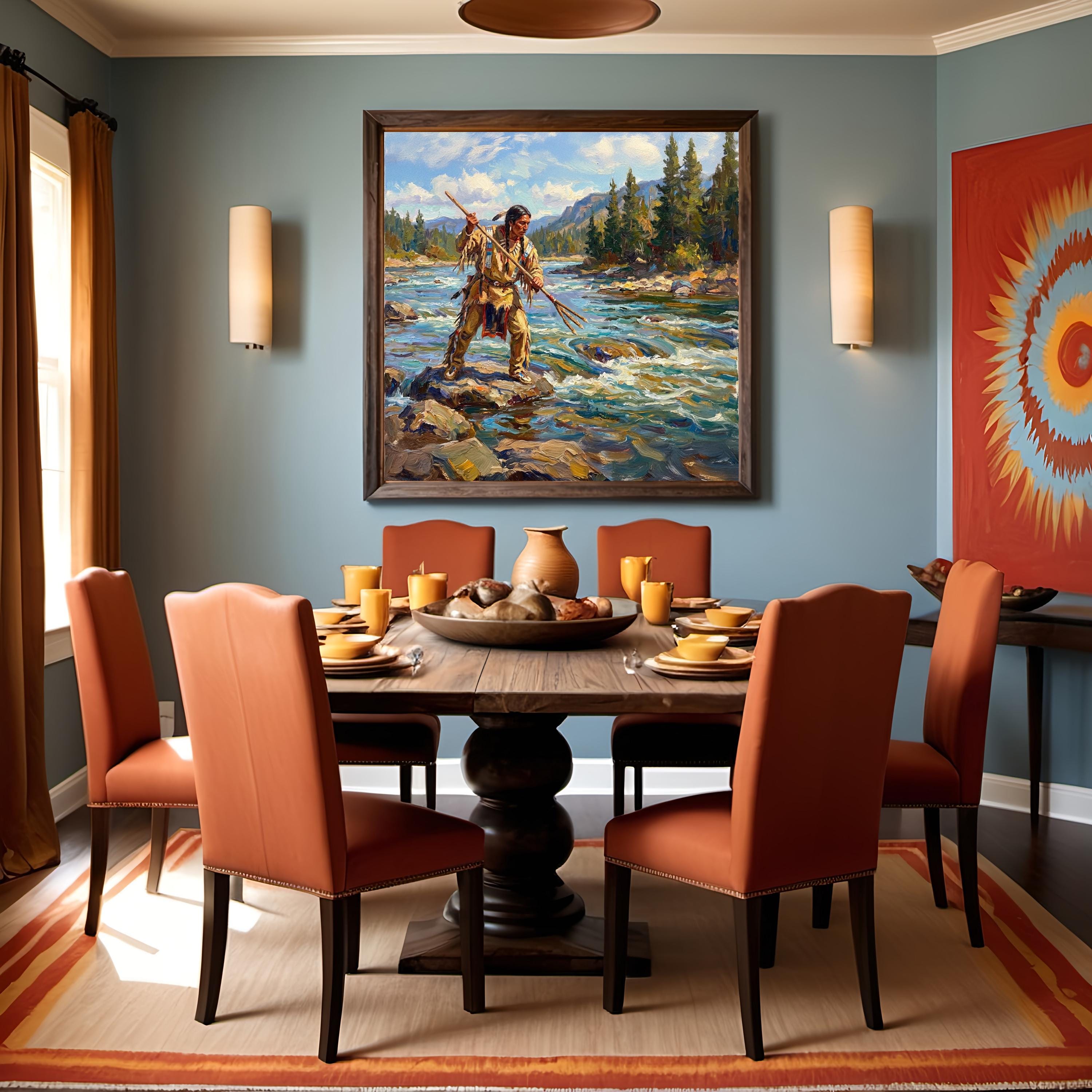 Native American Spear Fishing Oil Painting: Impressionist River ...