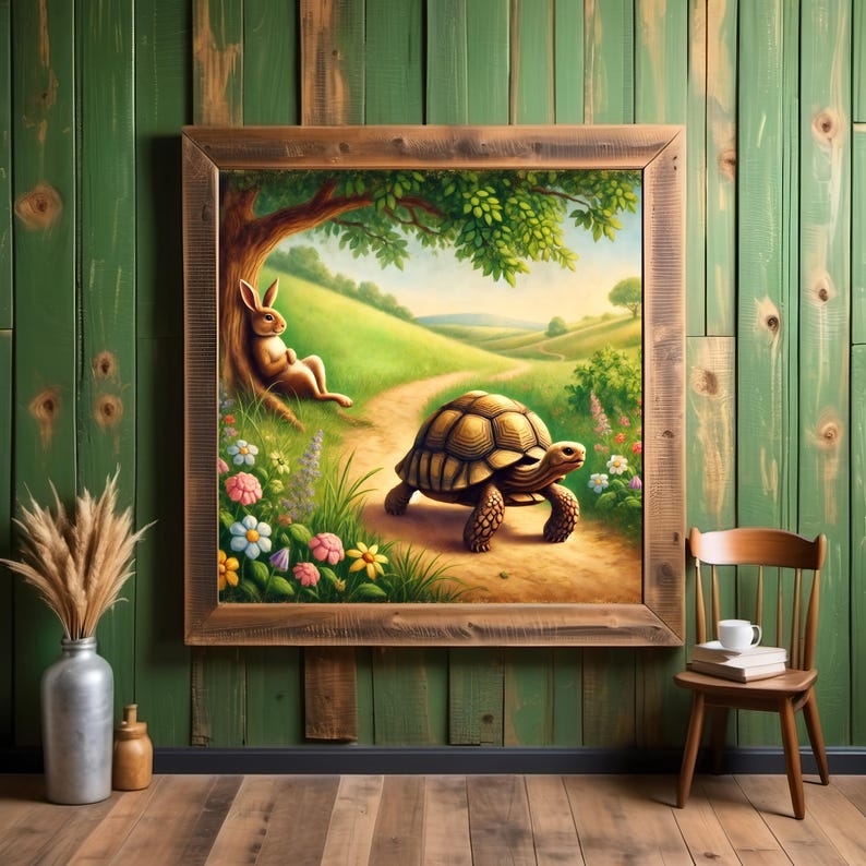 Tortoise and Hare Storybook Art: Whimsical Nursery Print (digital ...