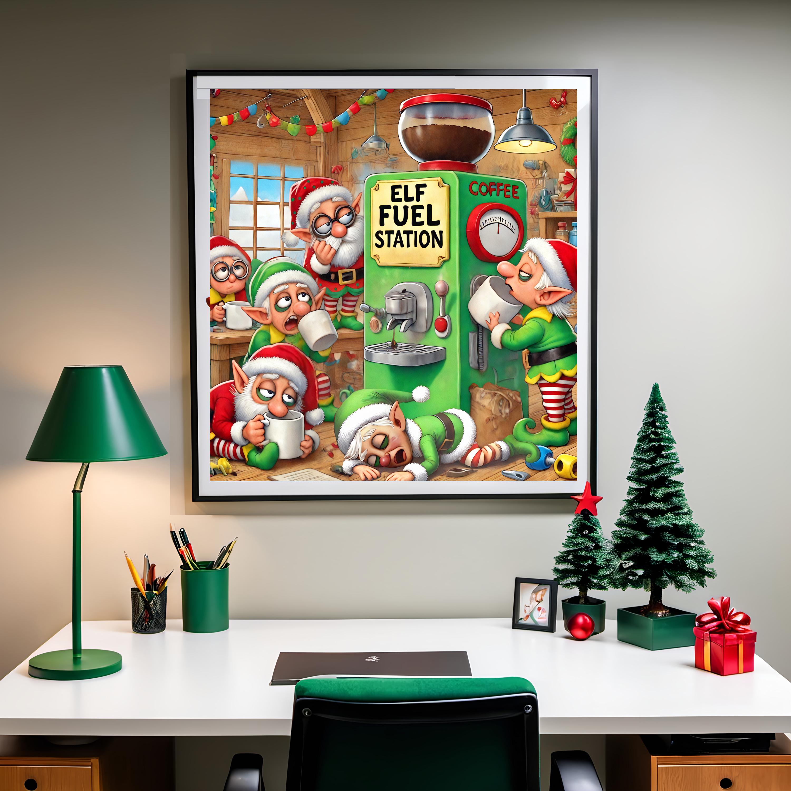Funny Christmas Elf Fuel Station Art Print: Holiday Coffee Bar Decor ...