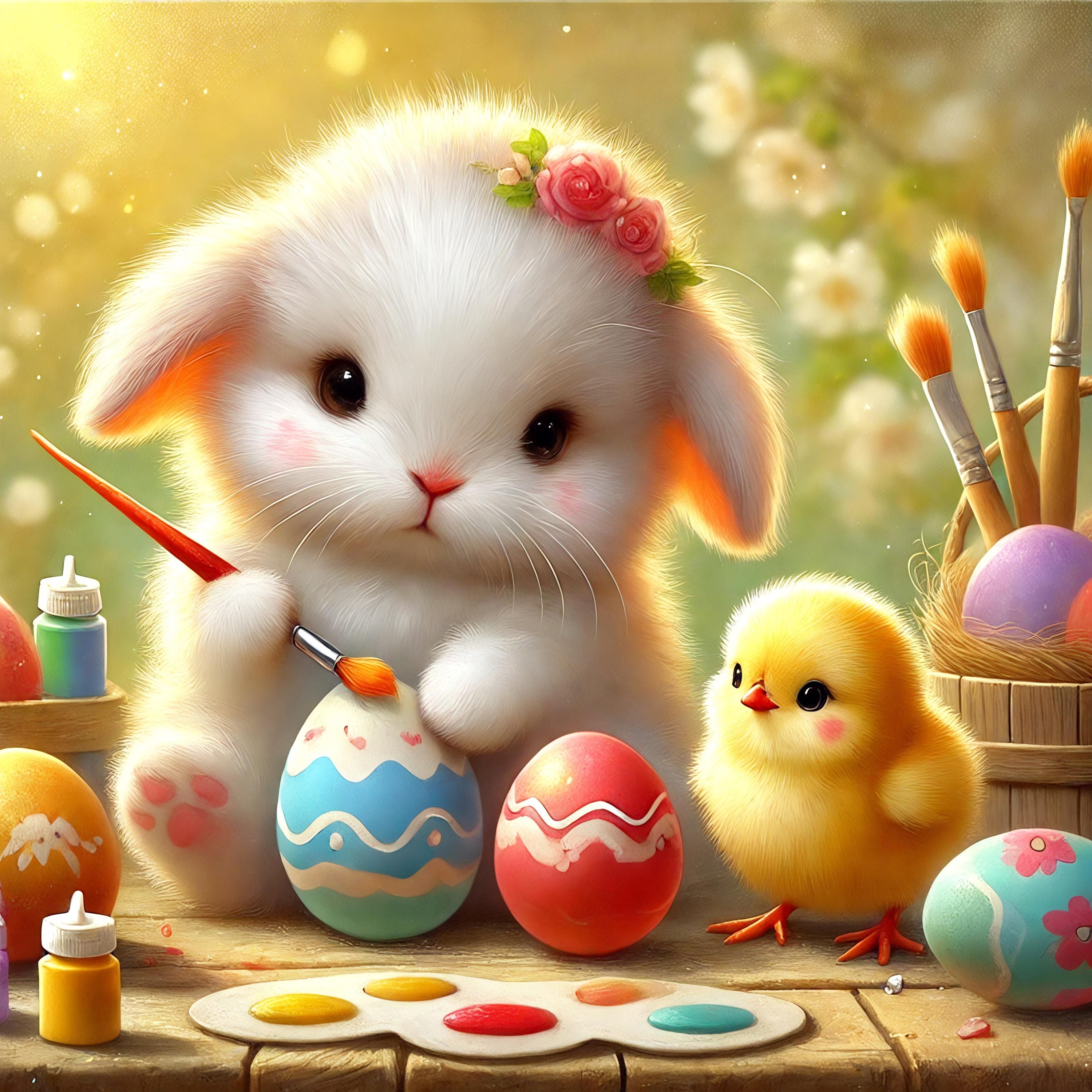 Easter Bunny & Chick Painting Eggs: Whimsical Spring Nursery Art ...