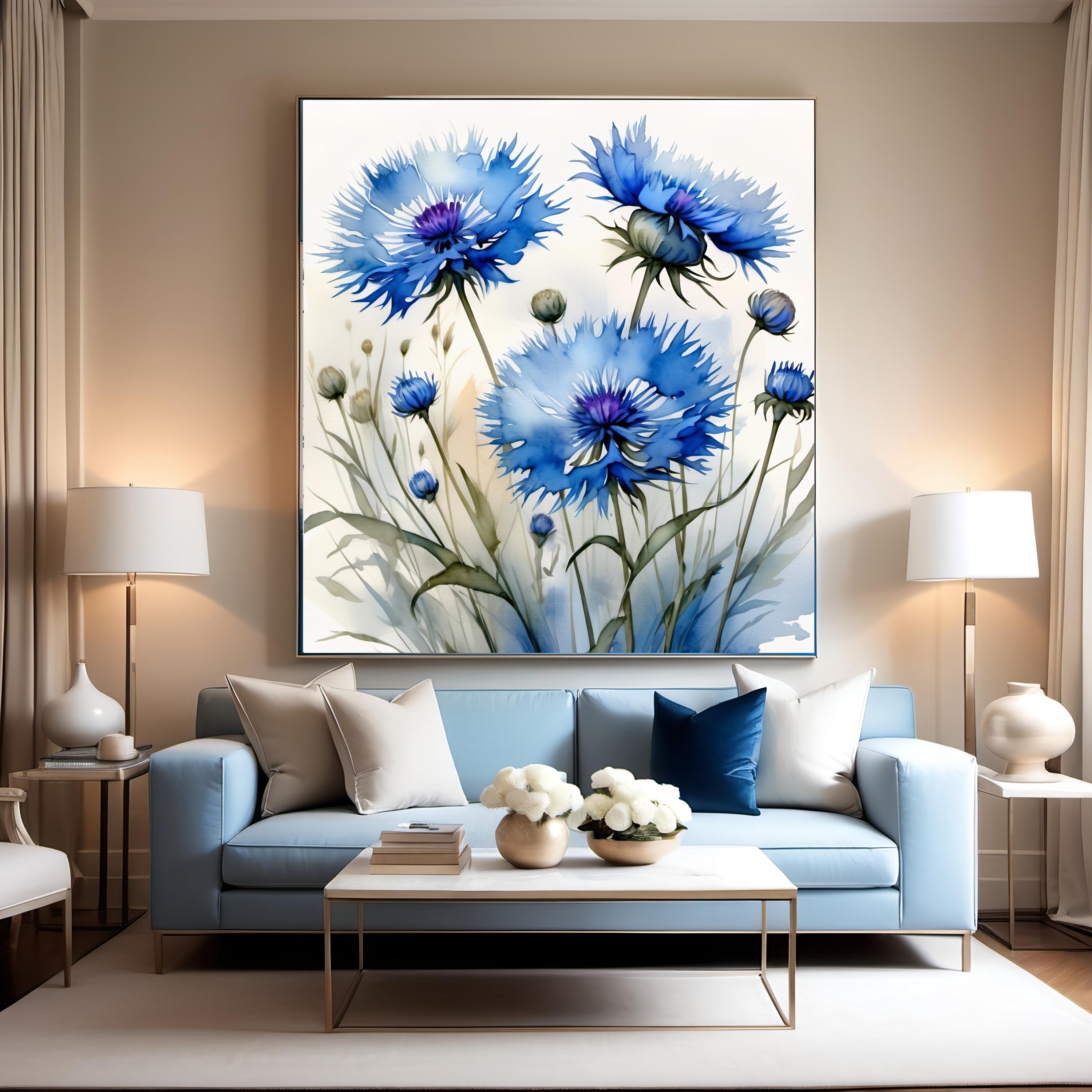 Blue Bachelor Button Watercolor Print: Floral Wall Art (digital ...