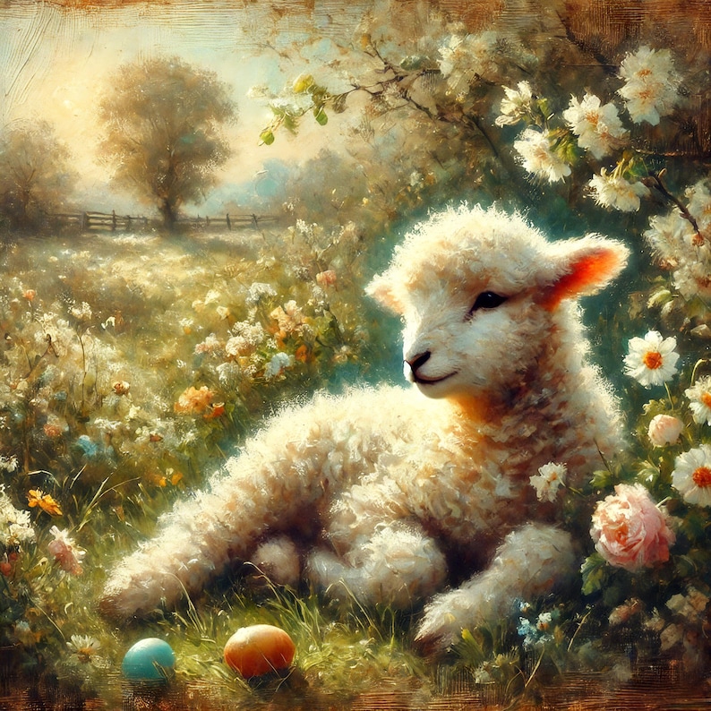 Vintage Spring Lamb Digital Print Easter Pastoral Scene Wall Art Floral ...