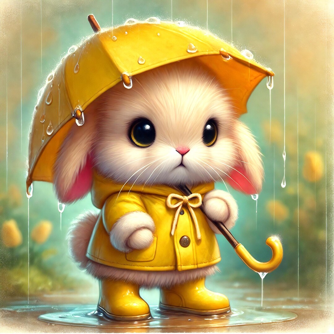 Bunny With Yellow Umbrella Digital Art Rainy Day Bunny Illustration ...