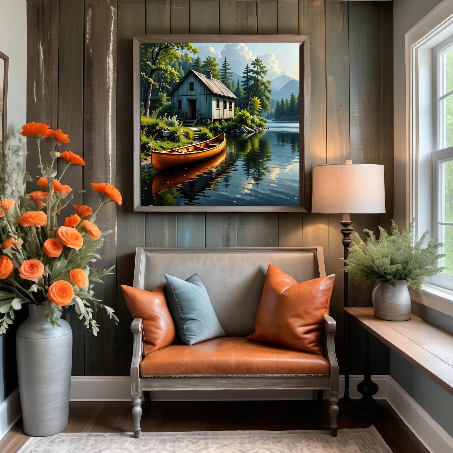 Rustic Fishing Cabin by the Lake With Red Canoe Tranquil Nature Wall ...