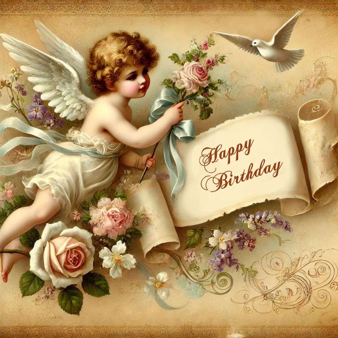 Vintage Cherub Birthday Sign: Victorian Angel Scroll Art (digital ...