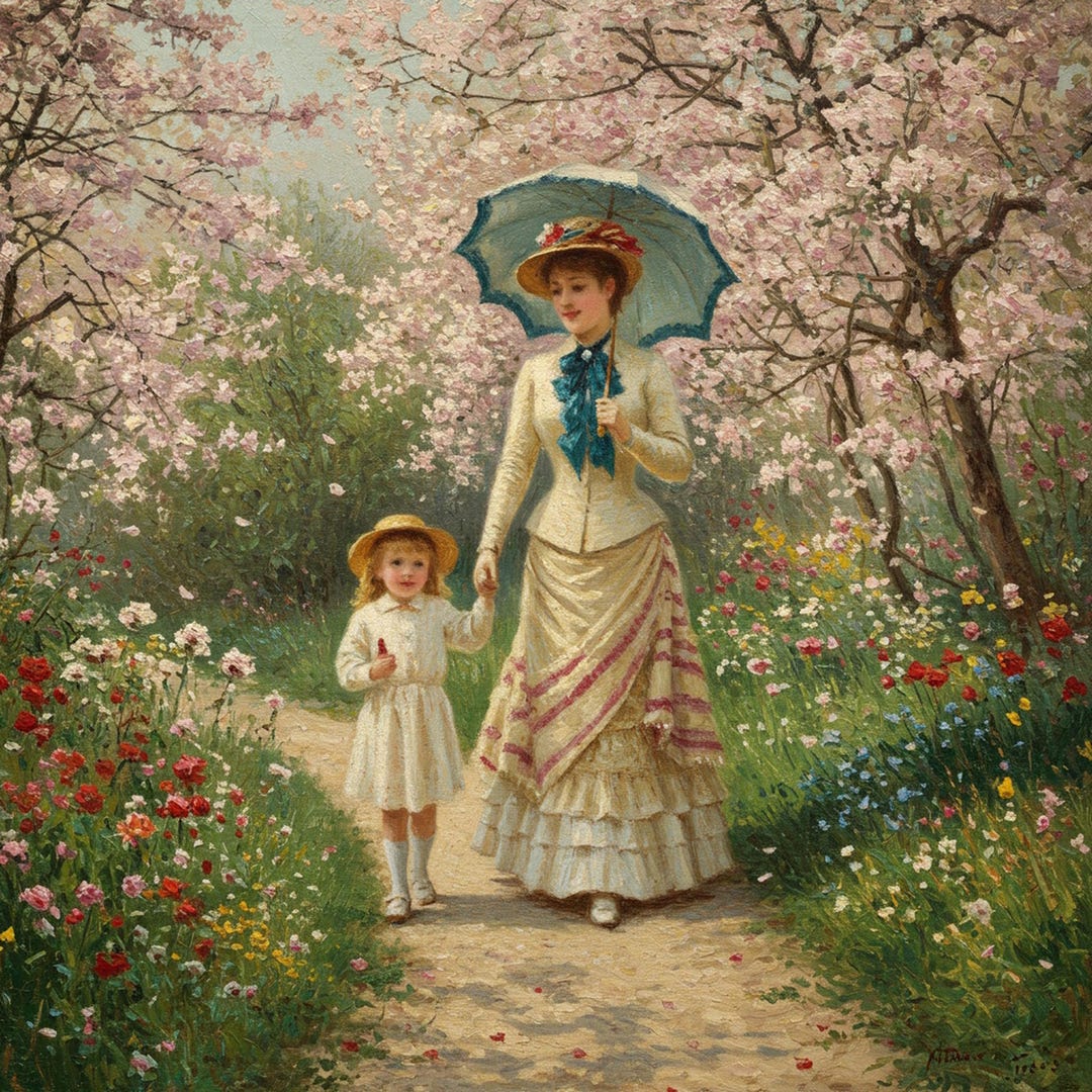 Mother and Child Springtime Walk Wall Art Vintage Mother's Day Digital ...
