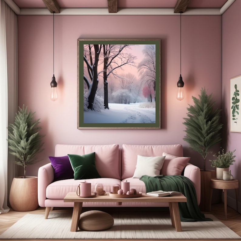 Winter Forest Sunset Art Print: Pink Sky Snowy Landscape (digital ...