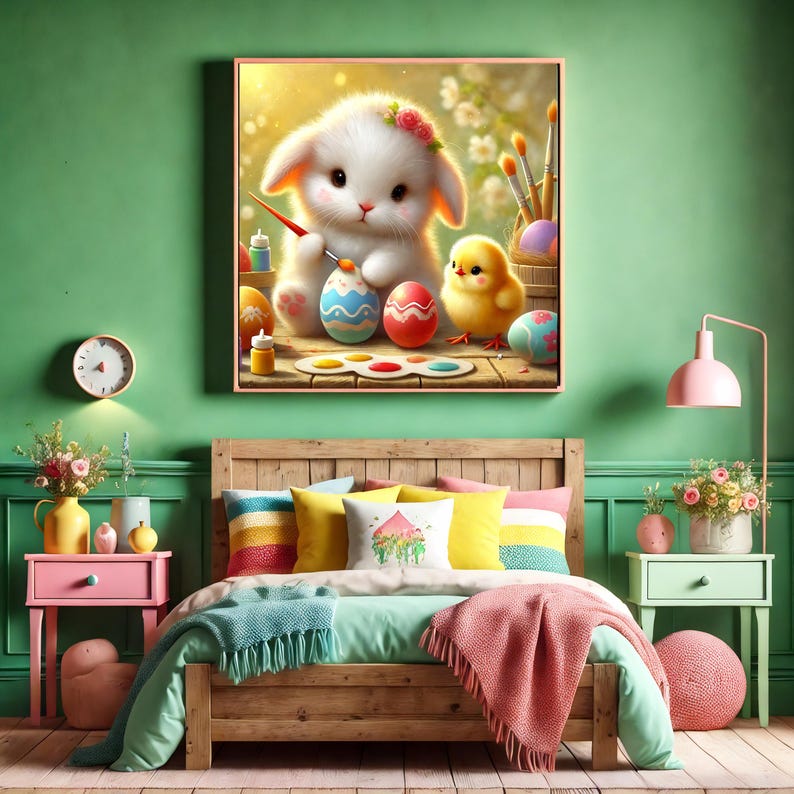 Easter Bunny & Chick Painting Eggs: Whimsical Spring Nursery Art ...