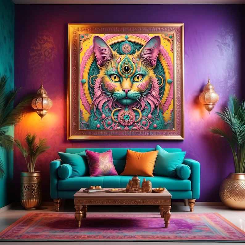 Psychedelic Third-eye Cat Portrait: Mystical Boho Wall Art (digital ...