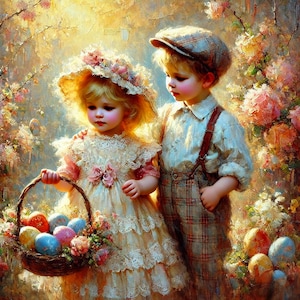 Vintage Easter Egg Hunt Digital Print Impressionist Easter Children ...