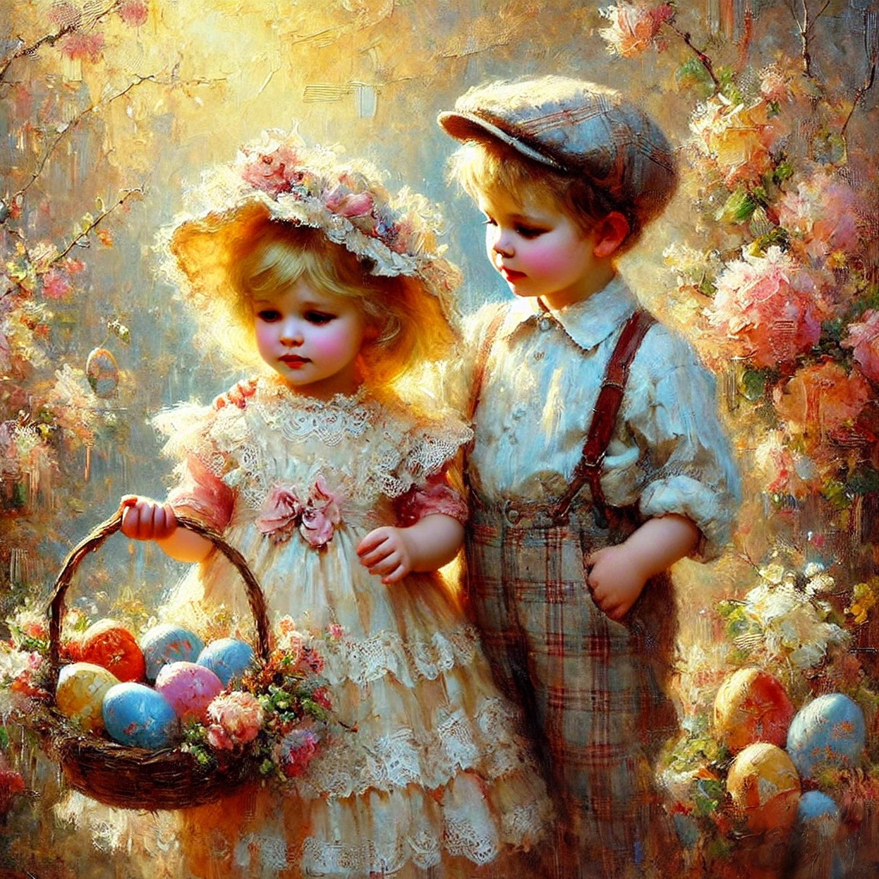 Vintage Easter Egg Hunt Digital Print Impressionist Easter Children ...