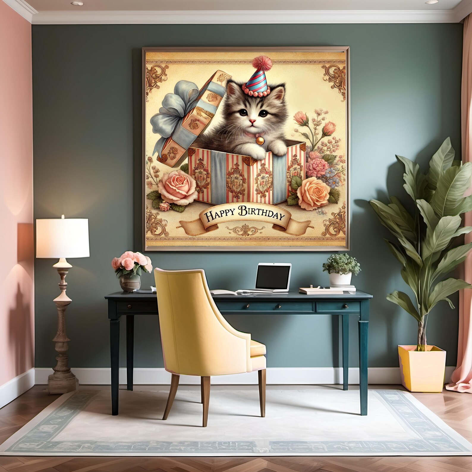 Vintage Birthday Kitten Print: Victorian Cat in Gift Box (digital ...