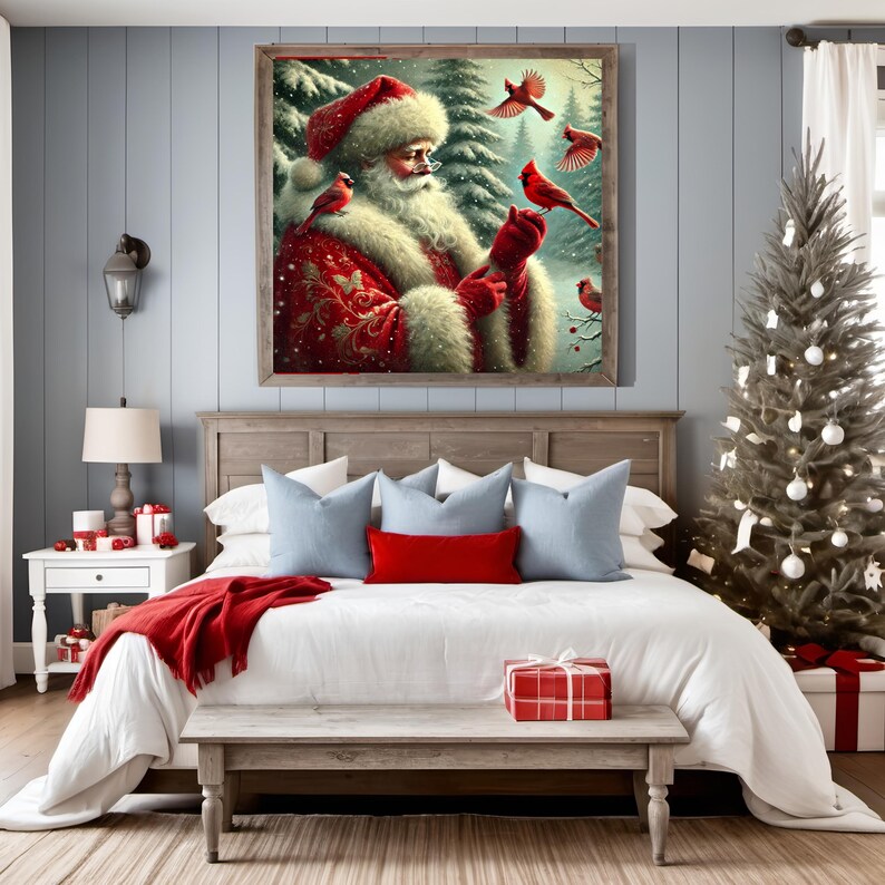 Santa Cardinal Holiday Vintage Christmas Wall Art, Festive Digital ...