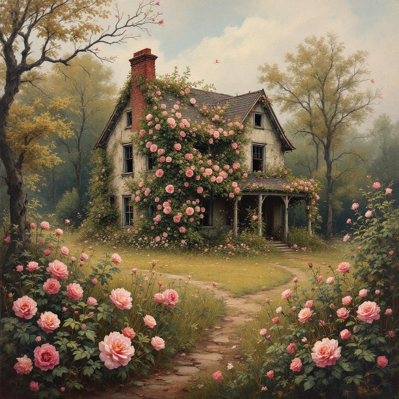 Rose Garden Cottage Art Print: Romantic Overgrown Flower House Painting ...