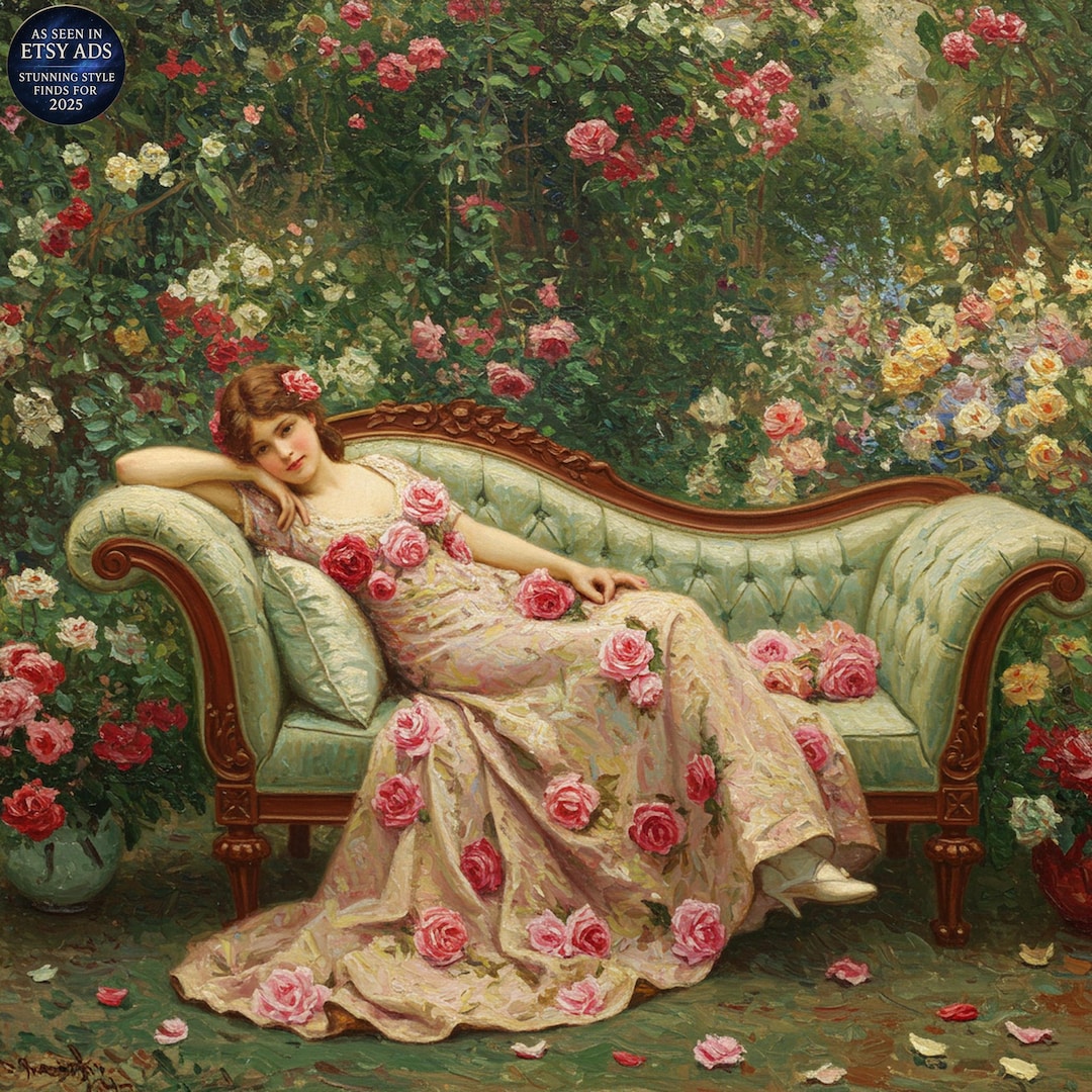 Victorian Lady in Rose Garden: Romantic Floral Painting (digital ...