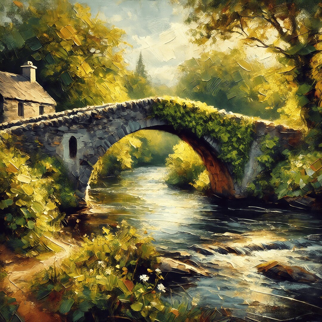 Rustic Stone Bridge Digital Print Impressionist Landscape Wall Art Old ...