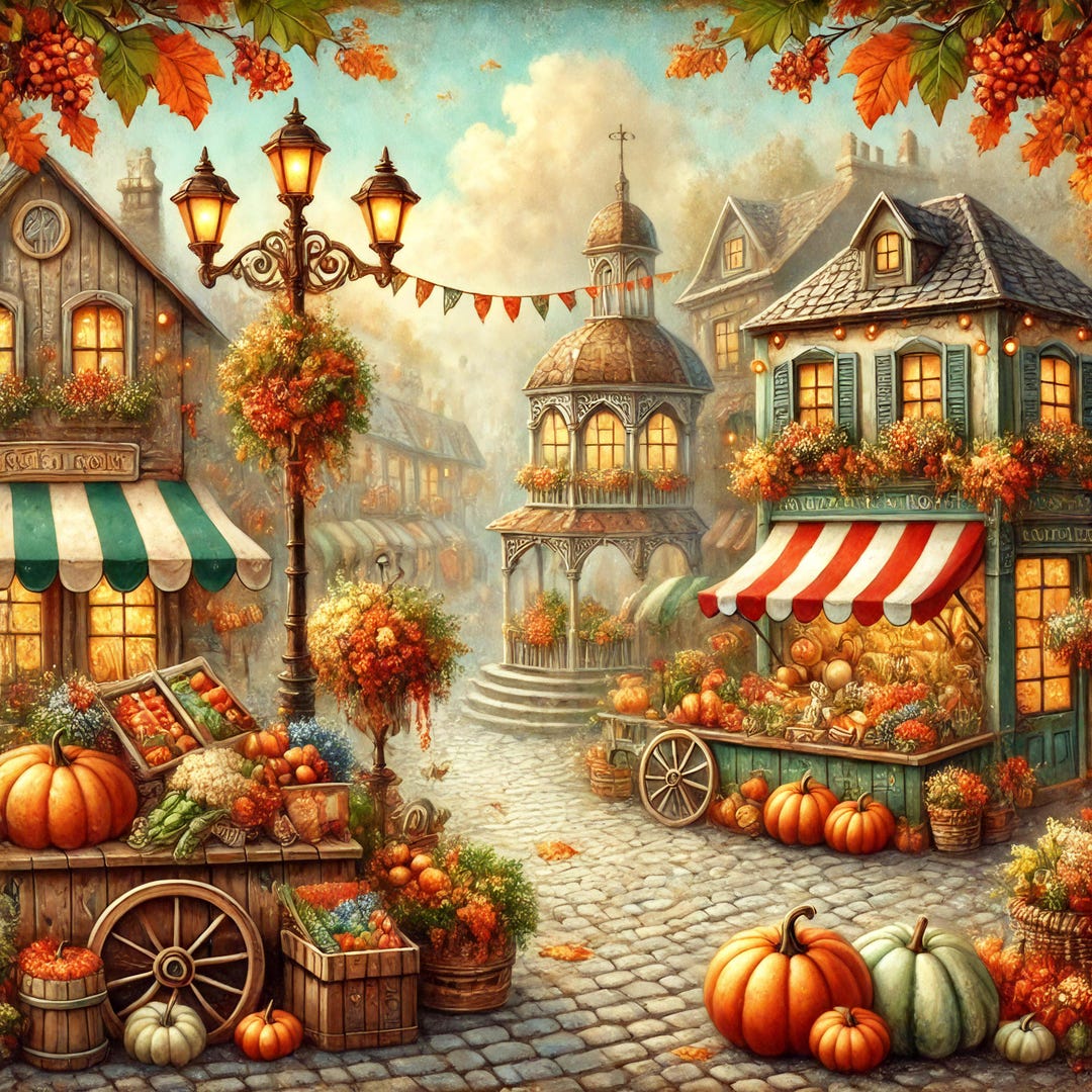 Autumn Marketplace Print: Cozy Fall Town, Pumpkin Harvest (digital ...
