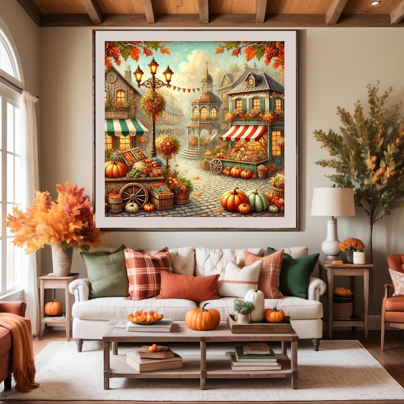 Autumn Marketplace Print: Cozy Fall Town, Pumpkin Harvest (digital ...