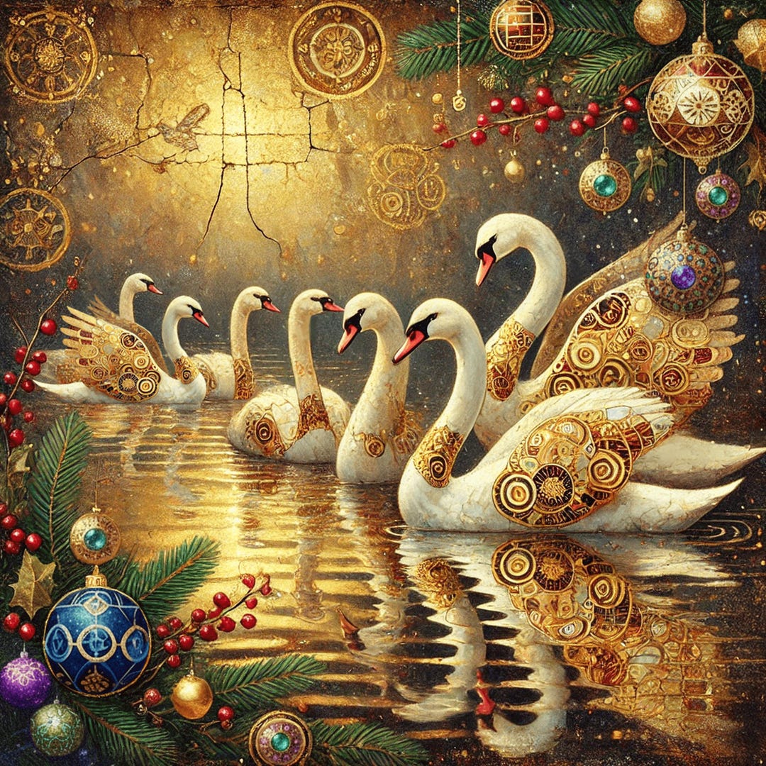 Klimt-inspired Seven Swans Christmas Art Print: Jeweled Winter Decor ...