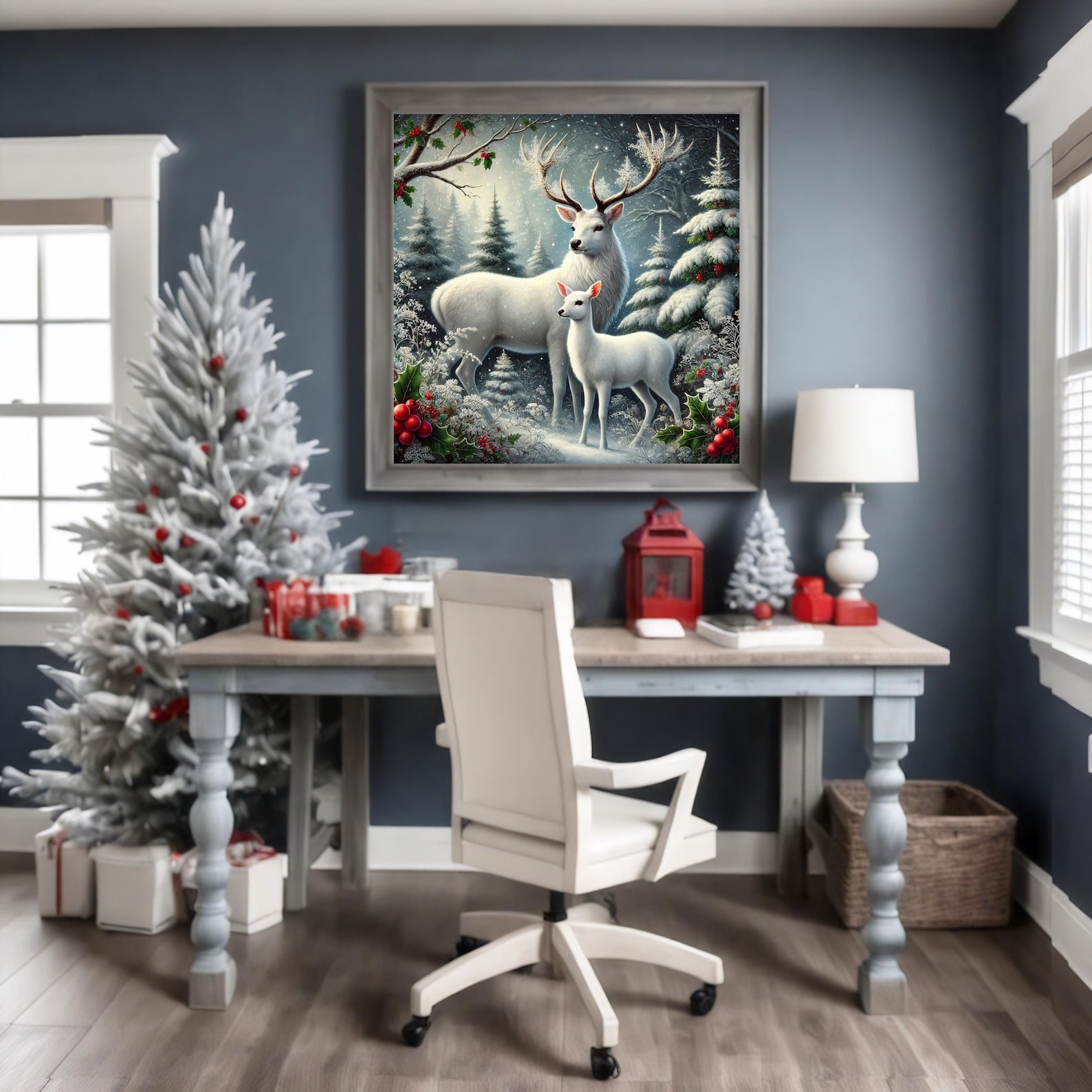 Winter White Stag and Fawn Art, Christmas Animal Wall Decor, Snowy ...