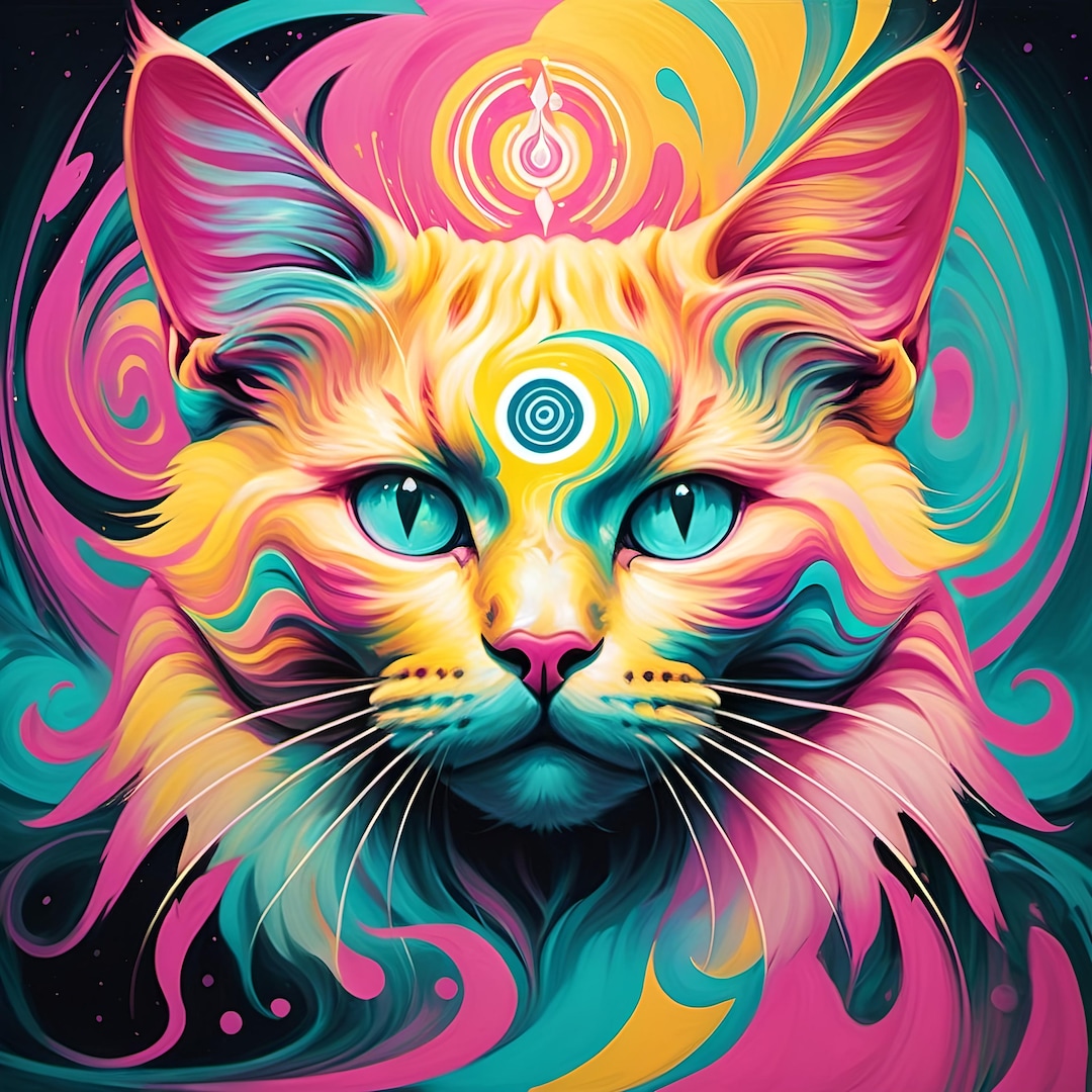 Mystical Third-eye Cat Art Print Vibrant Psychedelic Cat Portrait Boho ...