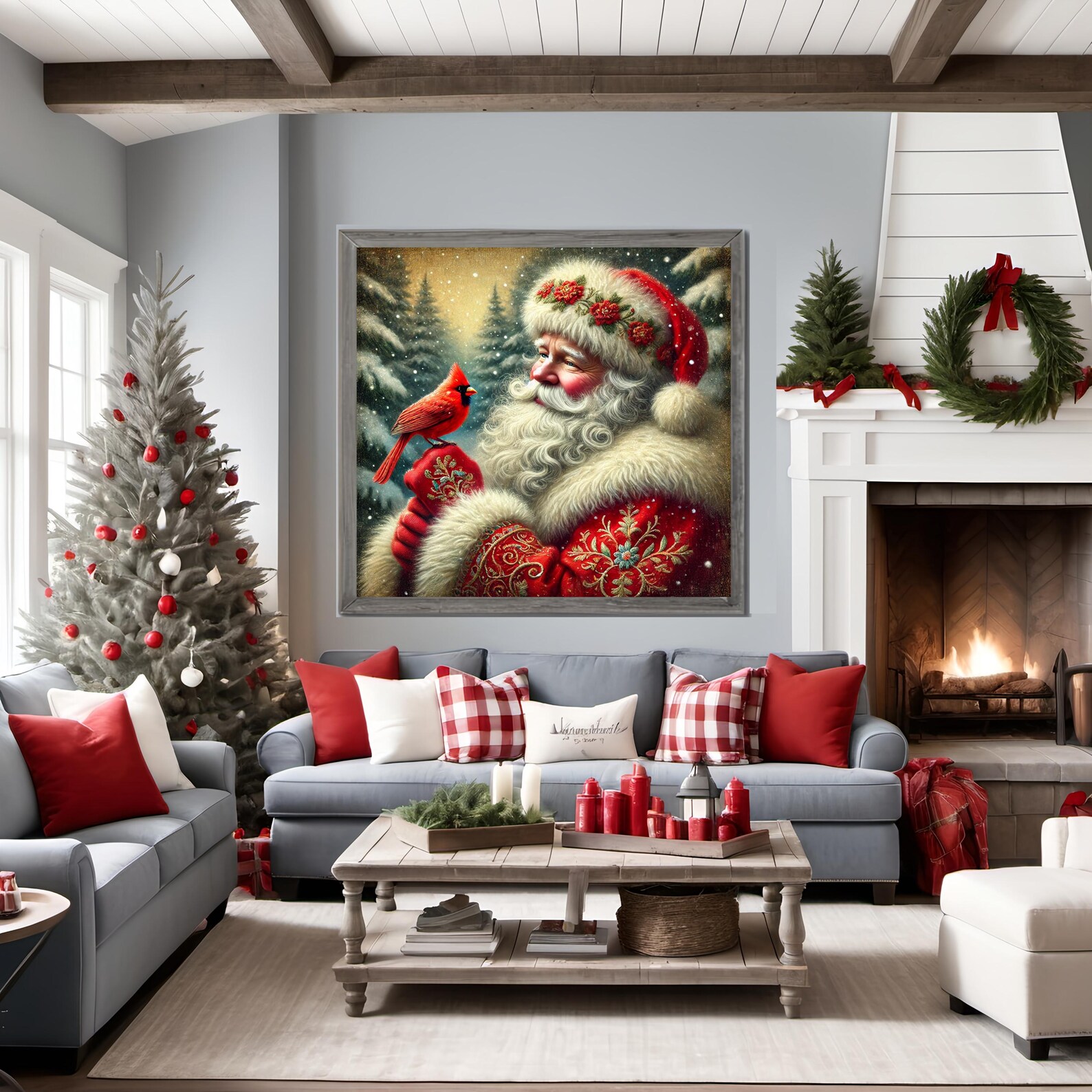 Santa Cardinal Holiday Vintage Christmas Wall Art, Festive Digital ...