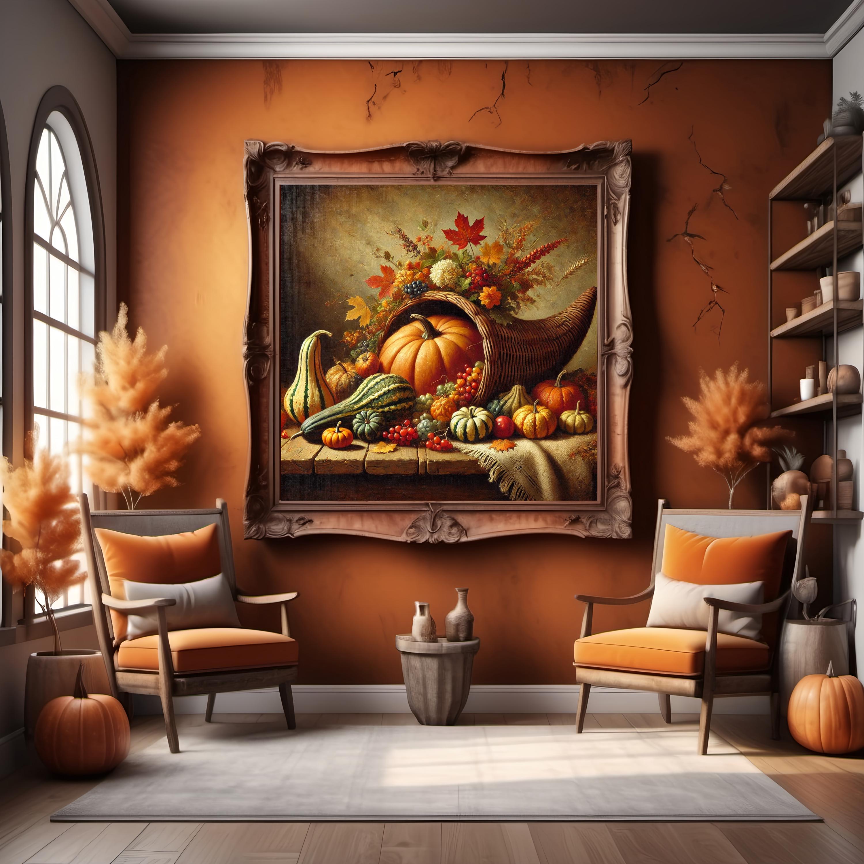 Autumn Cornucopia Still Life Print: Harvest Gourds & Pumpkins (digital ...