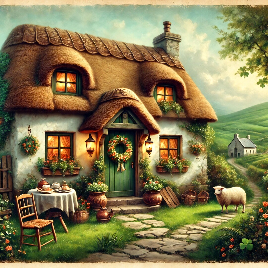 Irish Cottage Print: Thatched Roof Home, Rustic Ireland Art (digital ...