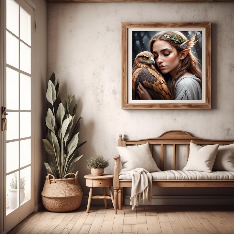 Elf Maiden and Hawk Art Print: Enchanted Forest Fantasy (digital ...