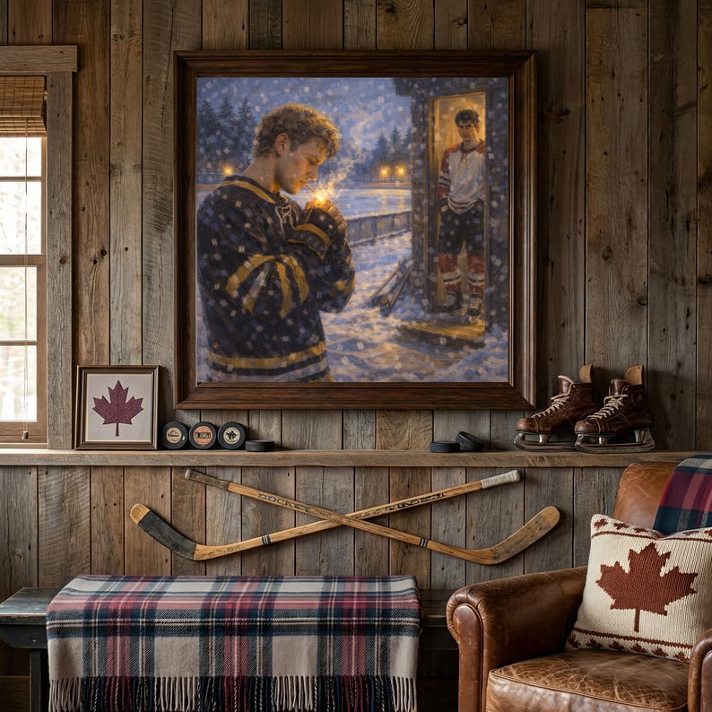 Hockey Rivals Winter Night Painting Snowy Cottage Hockey Romance ...
