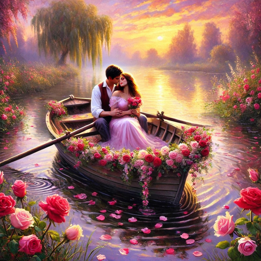 Romantic Couple in Floral Rowboat: Sunset Lake Art Print (digital ...