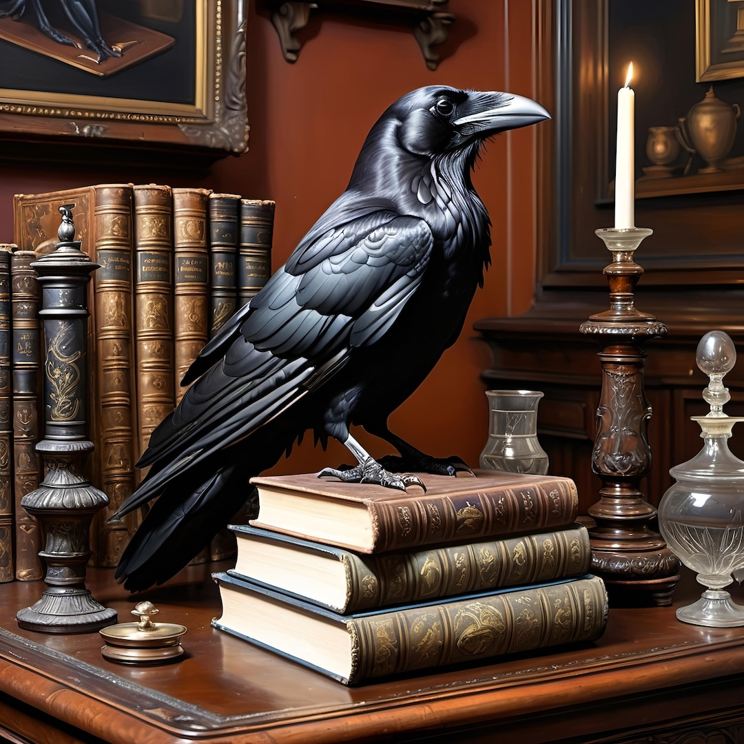 Raven and Antique Books Digital Download – Gothic Wall Art, Dark ...