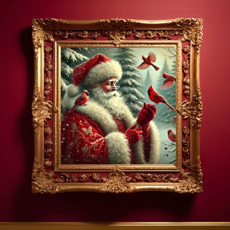 Santa Cardinal Holiday Vintage Christmas Wall Art, Festive Digital ...
