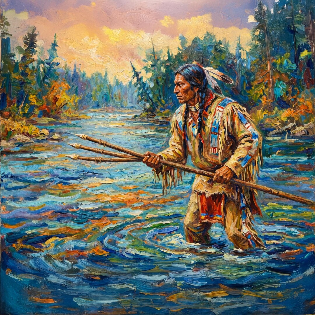 Native American Fishing Scene Oil Painting: Impressionist River ...