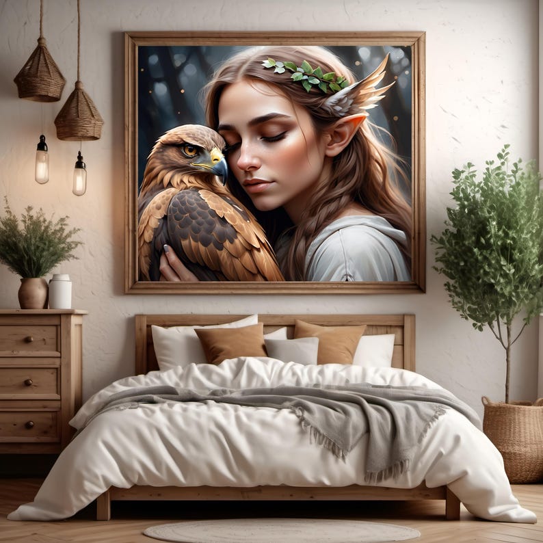 Elf Maiden and Hawk Art Print: Enchanted Forest Fantasy (digital ...