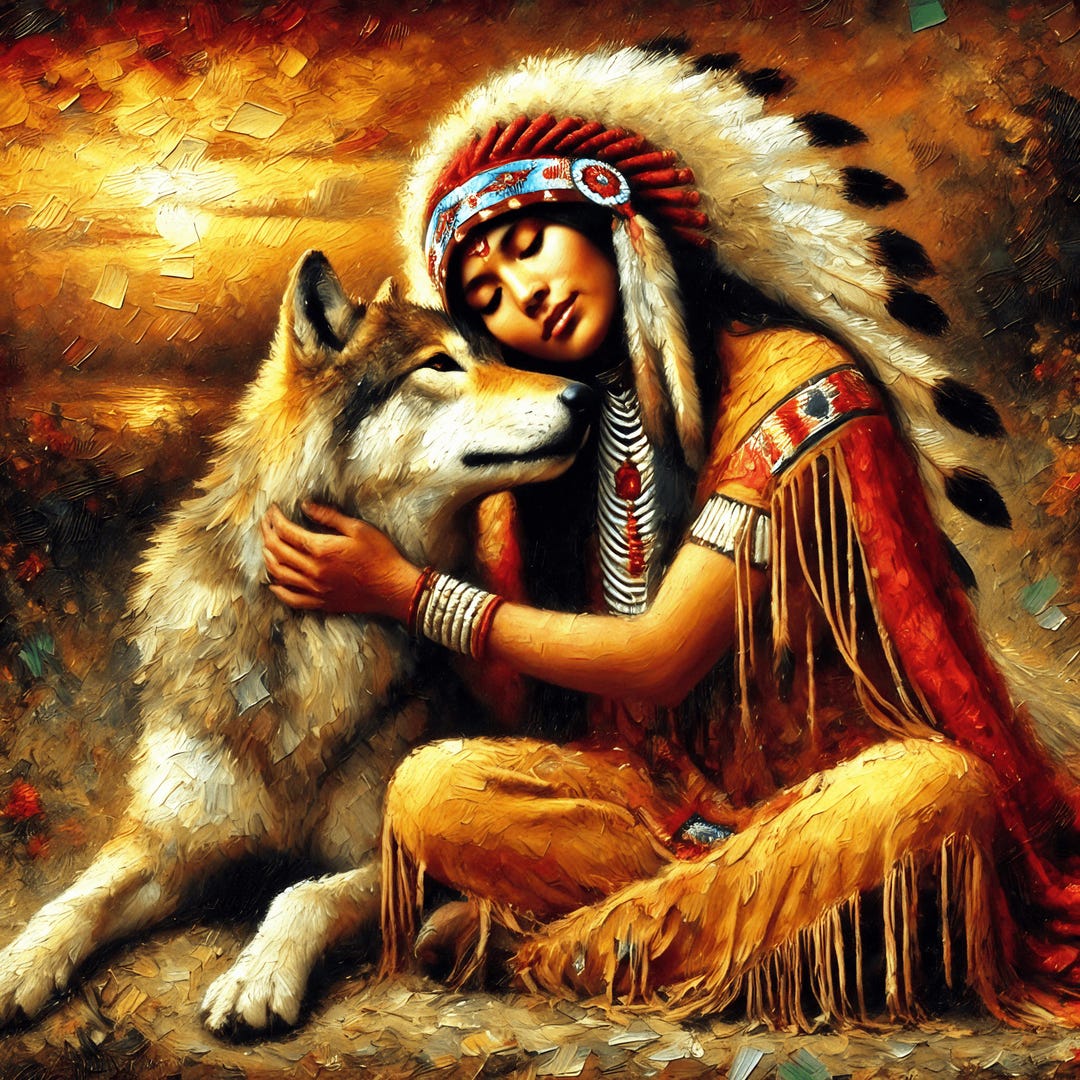 Native American Woman and Wolf Embrace - Impressionist Style Digital ...
