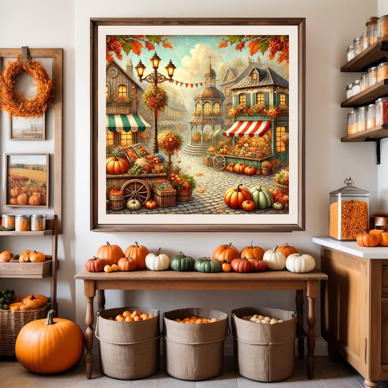 Autumn Marketplace Print: Cozy Fall Town, Pumpkin Harvest (digital ...