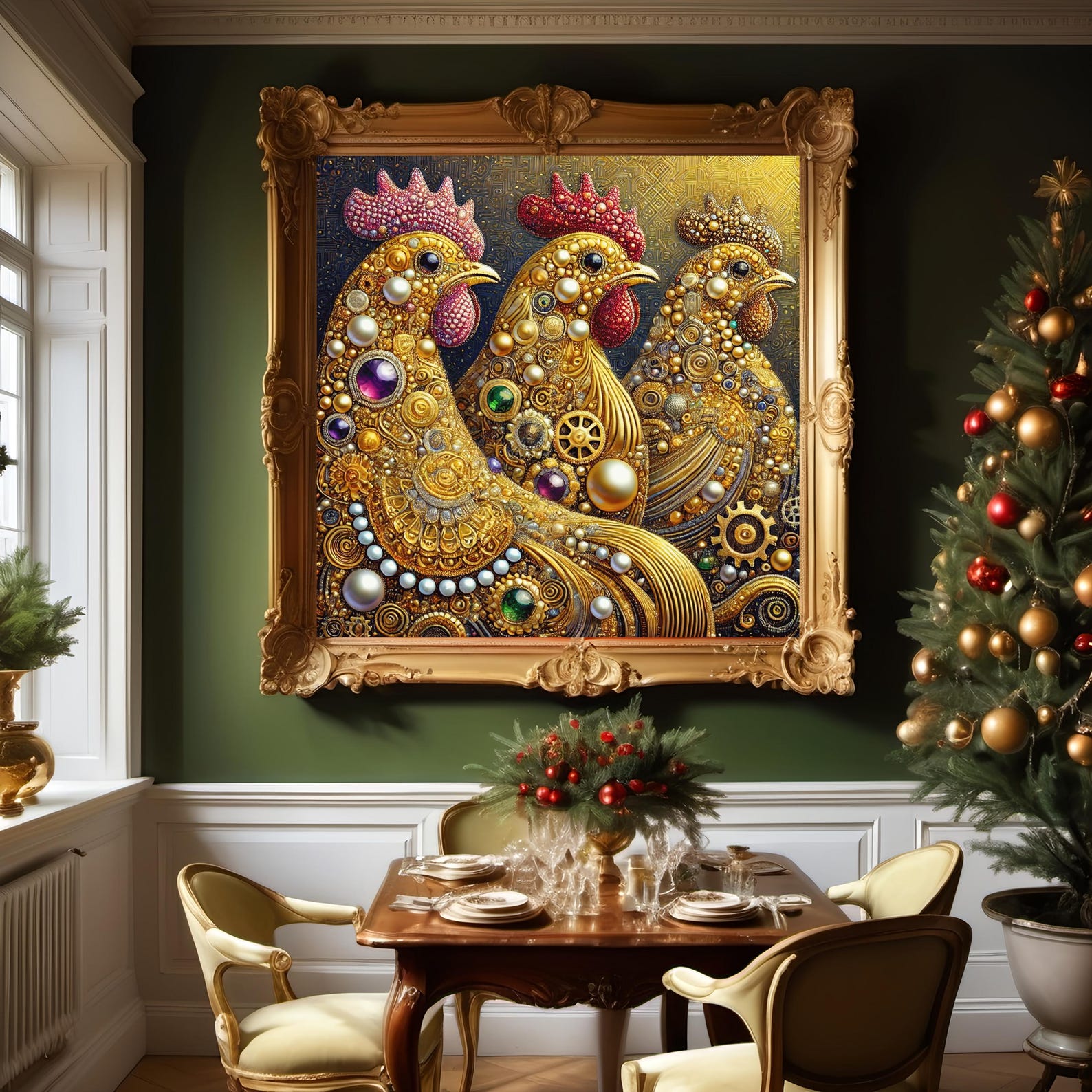 Heirloom Three French Hens Art Print Gilded Christmas Wall Decor Klimt ...