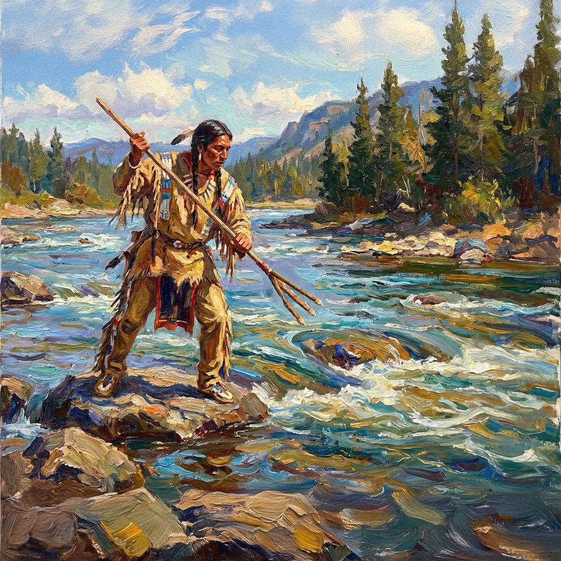 Native American Spear Fishing Oil Painting: Impressionist River ...