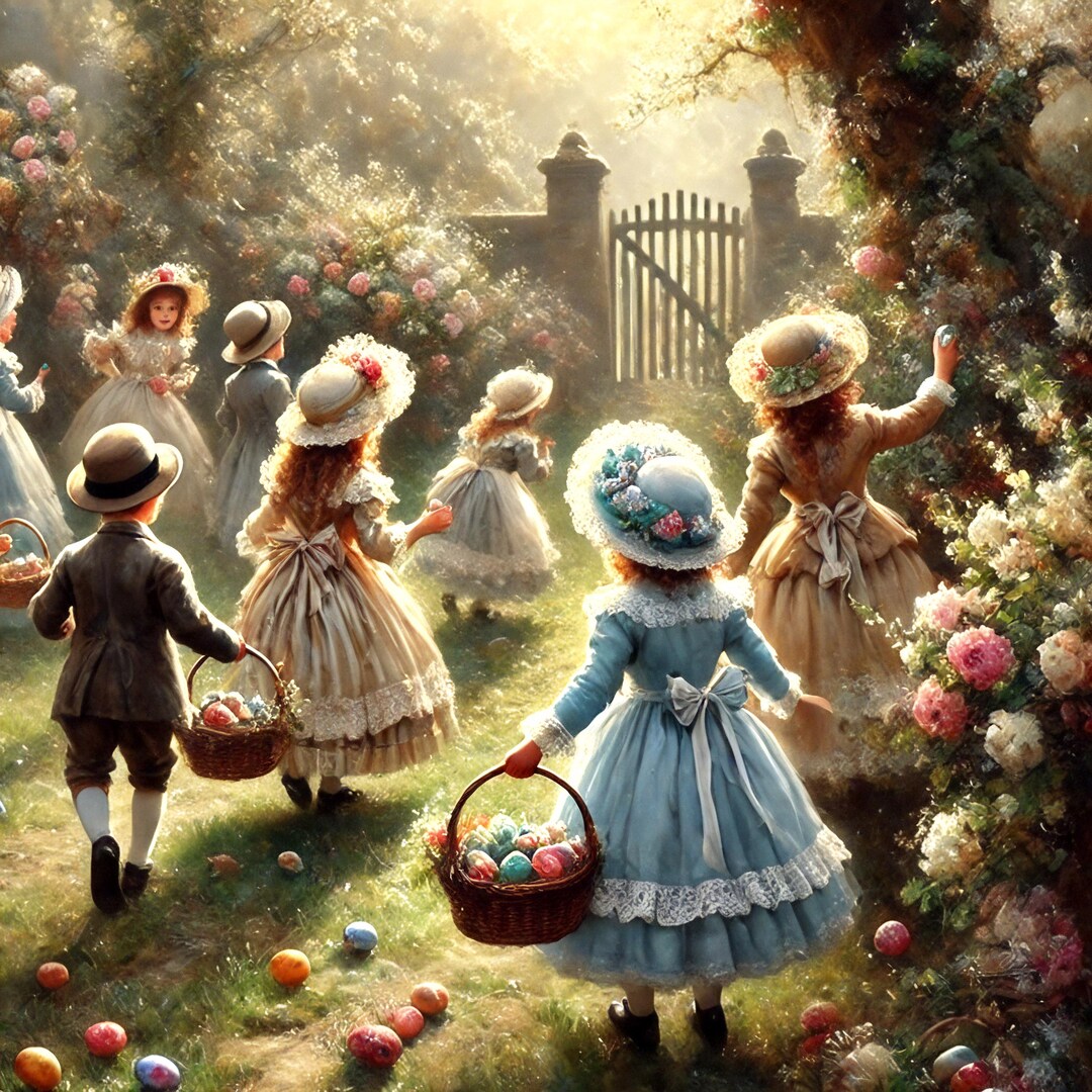 Victorian Easter Egg Hunt Print, Vintage Spring Garden Digital Art ...
